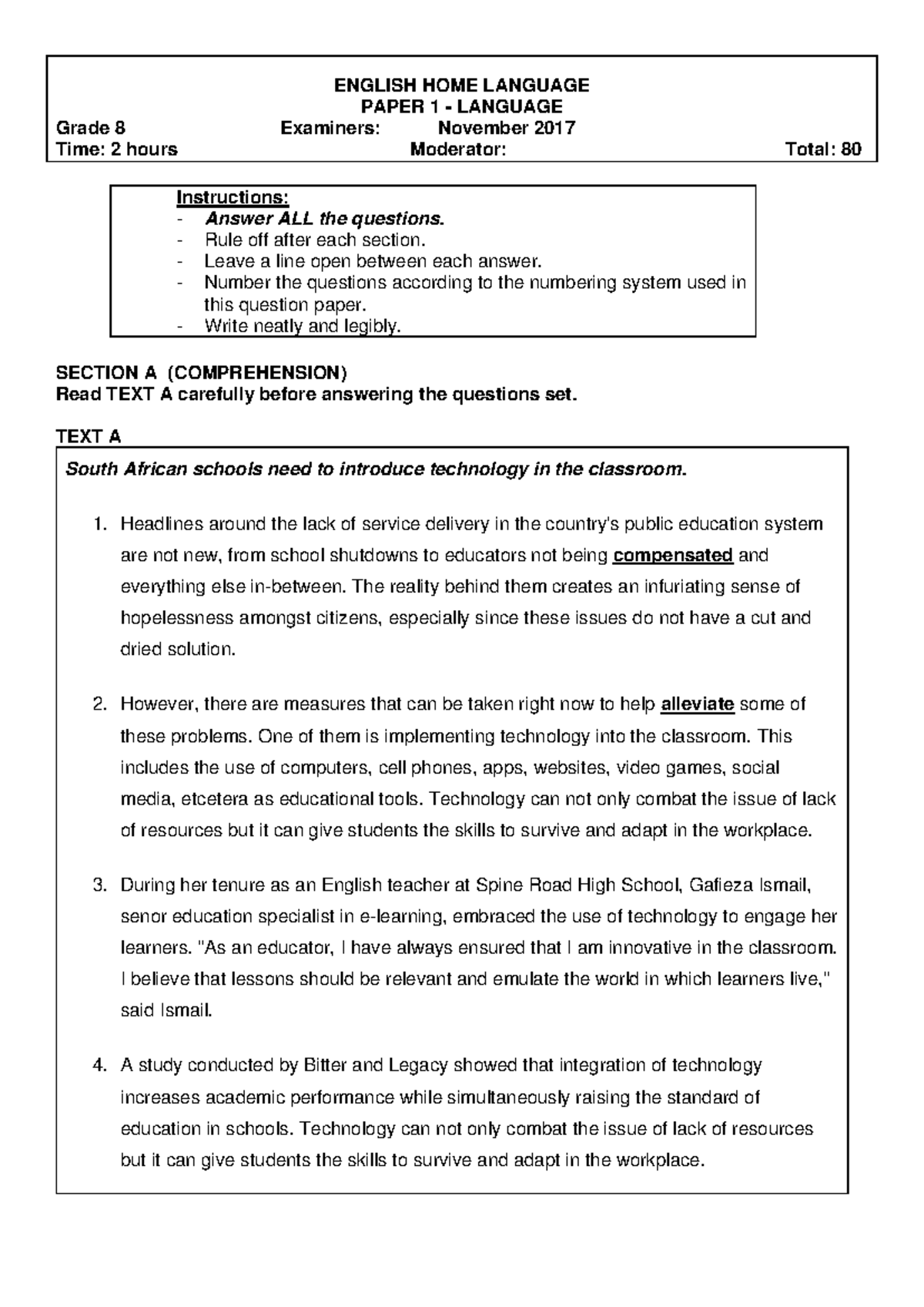 Grade 8 English Home Language Paper 1 - November 2017 Exam - Studocu