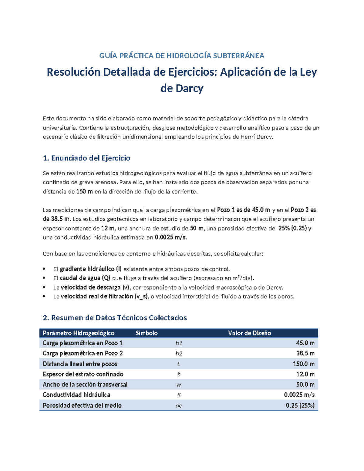 GUÍA PRÁCTICA DE HIDROLOGÍA SUBTERRÁNEA: Ejercicio Resuelto Ley de ...