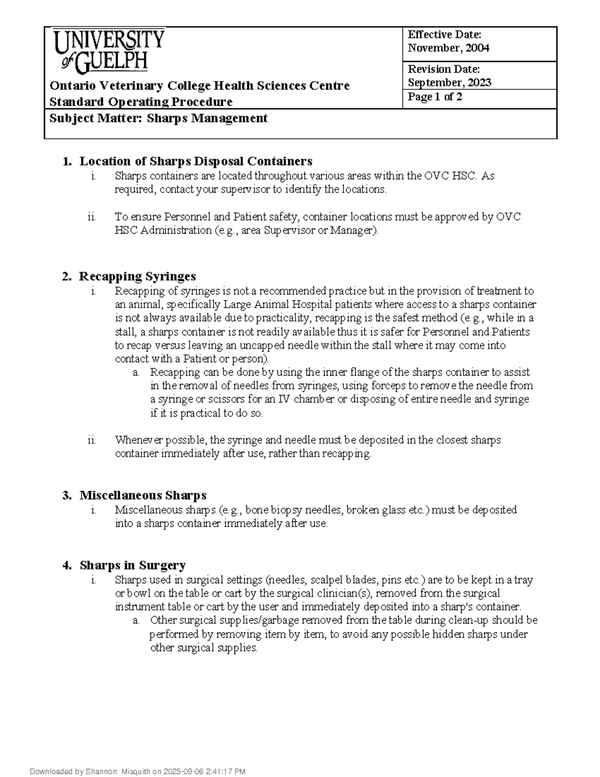 Sharps Management SOP - OVC HSC - Rev Sept 2023 - Studocu