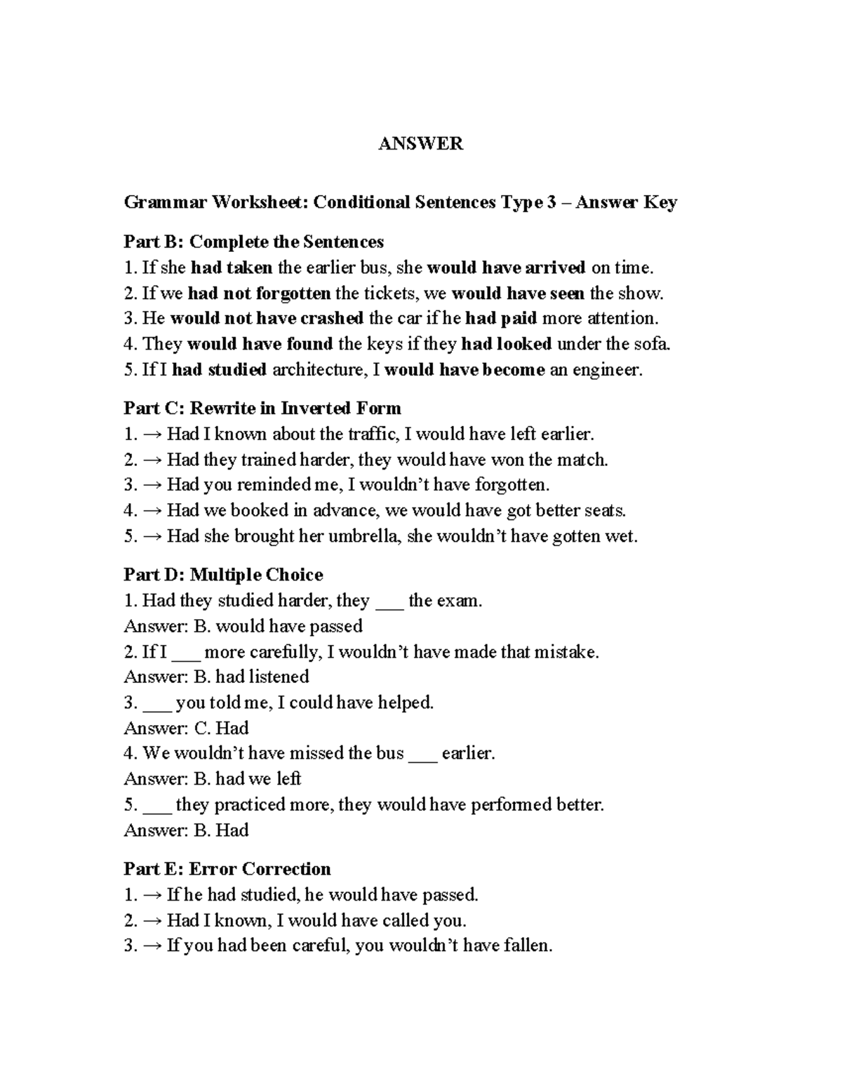 ANSWER 282: Conditional Sentences Type 3 Worksheet Key - Studocu