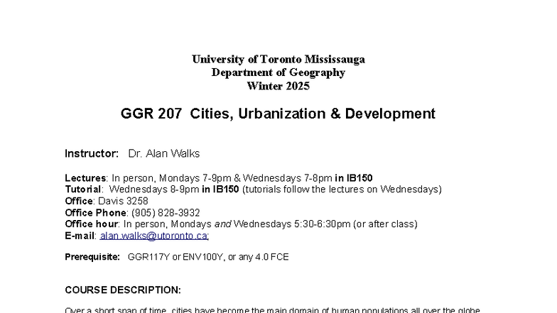 GGR207H5S Lecture Notes: Urbanization and City Development - Studocu