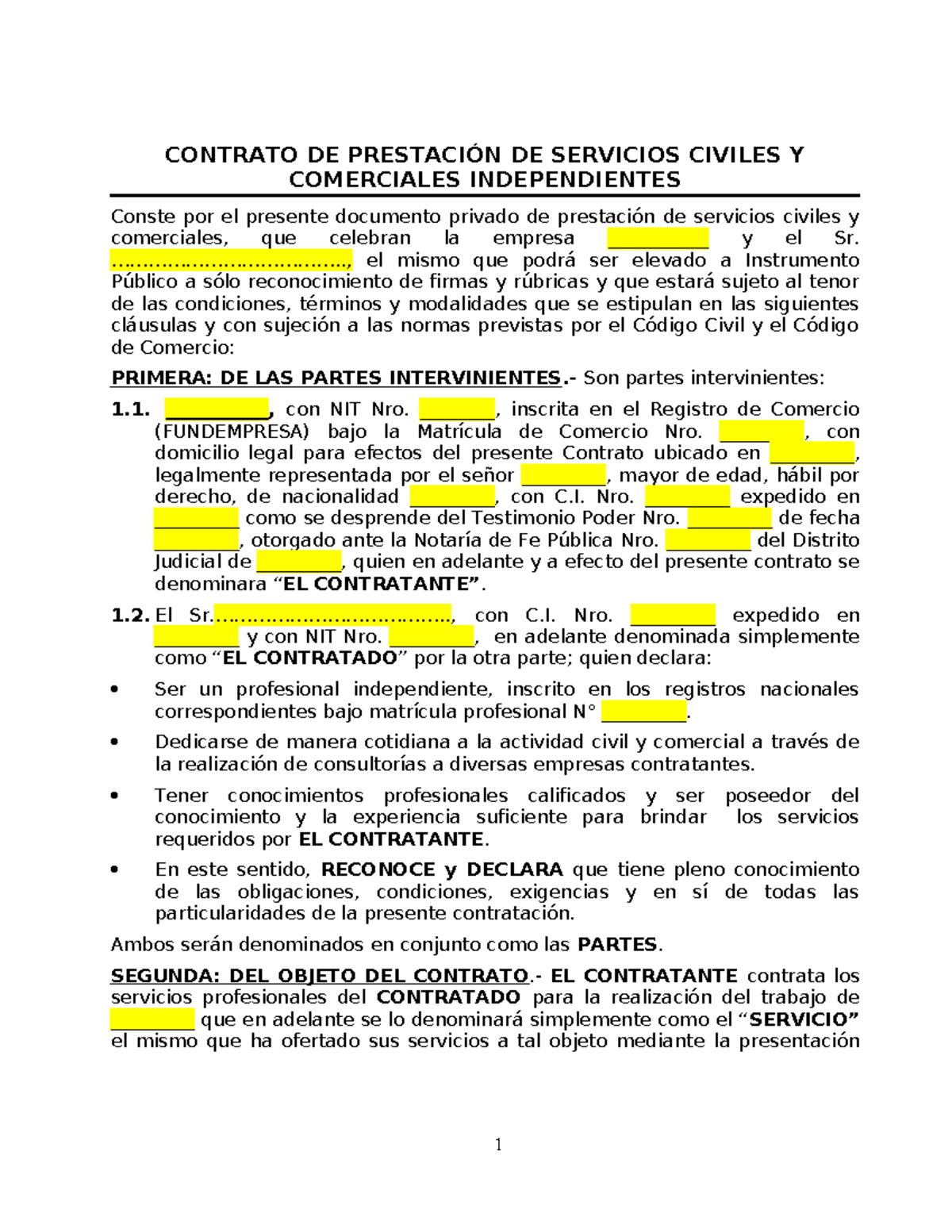 Contrato de Prestación de Servicios Civiles y Comerciales ...
