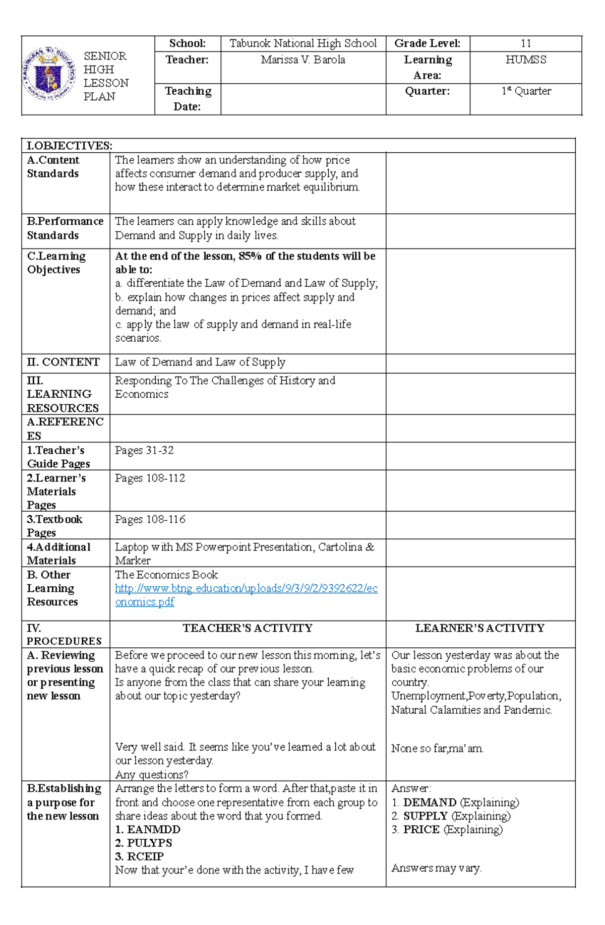 Grade 9 Lesson PLAN - SENIOR HIGH LESSON PLAN School: Tabunok National ...