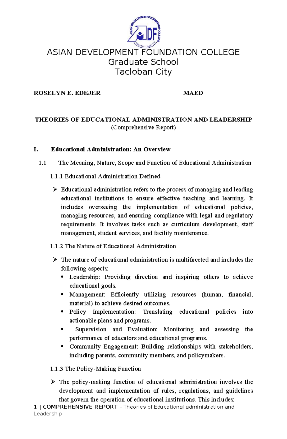 Comprehensive Report on Theories of Educational Administration and ...