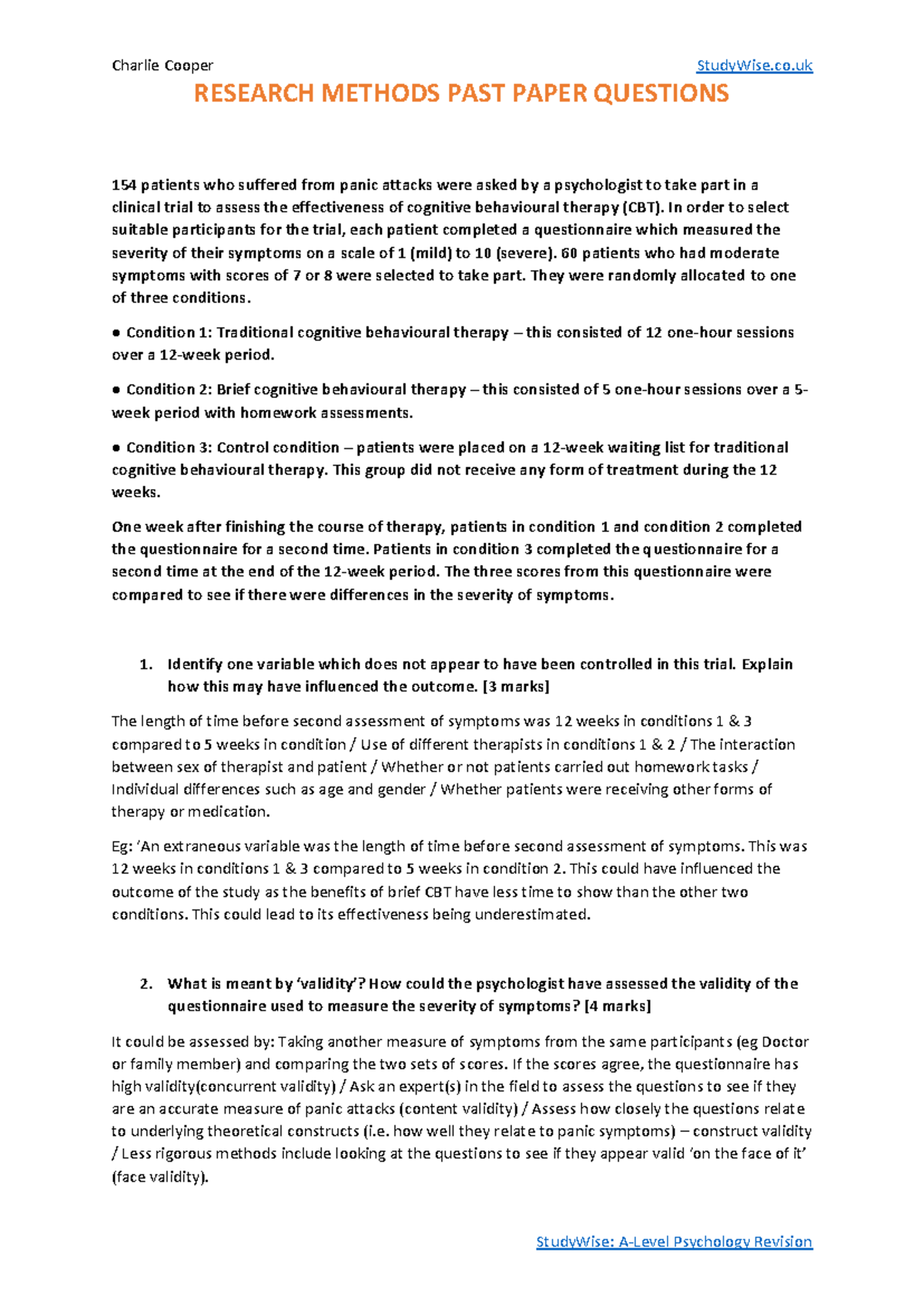 Psychology 101: Research Methods Past Paper Q&A Analysis - Studocu