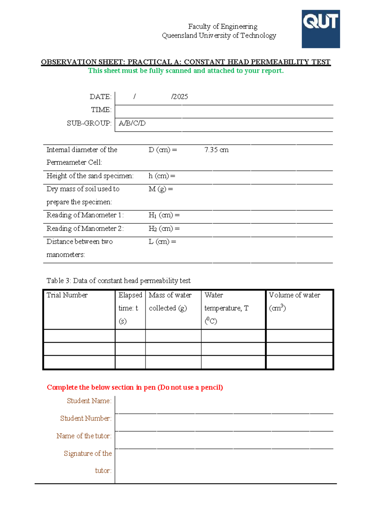 EGB373 - Flow & Deformation Lab: Observation Sheets for Practical A - Studocu