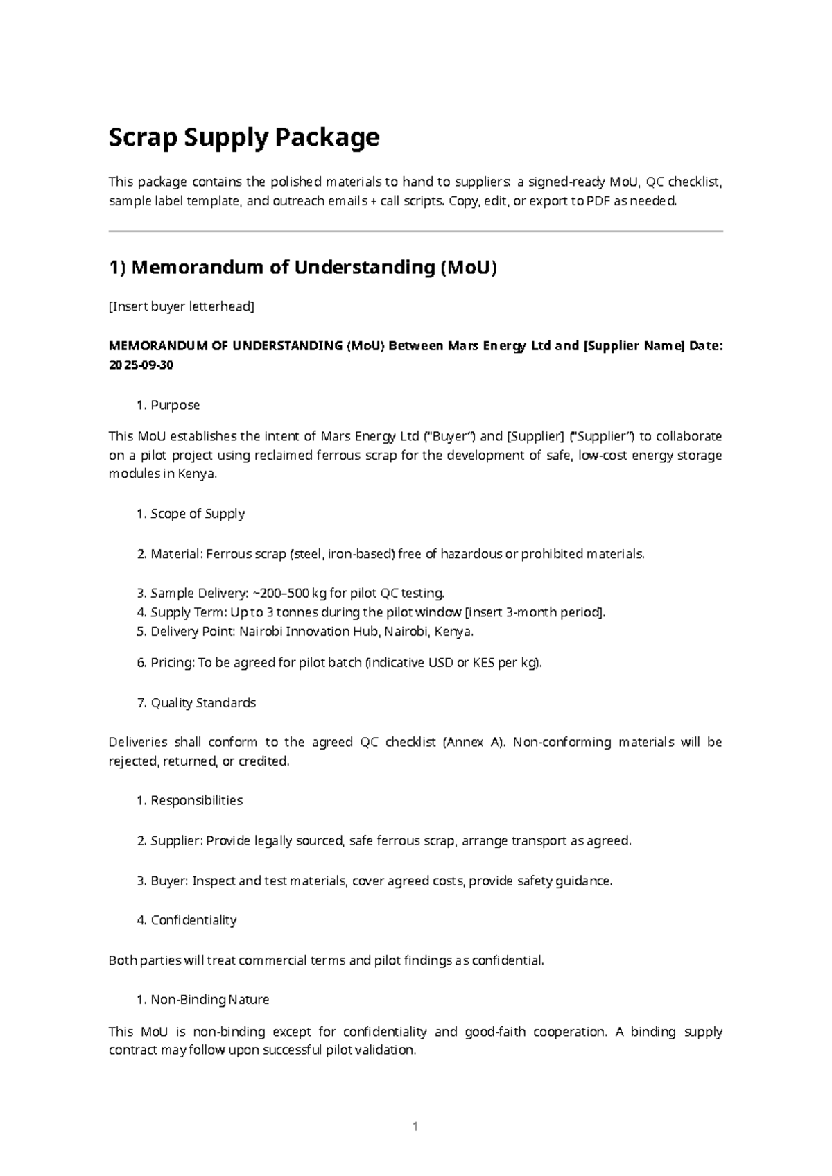 Scrap Supply Package: MoU, QC Checklist, Labels & Outreach Tools - Studocu