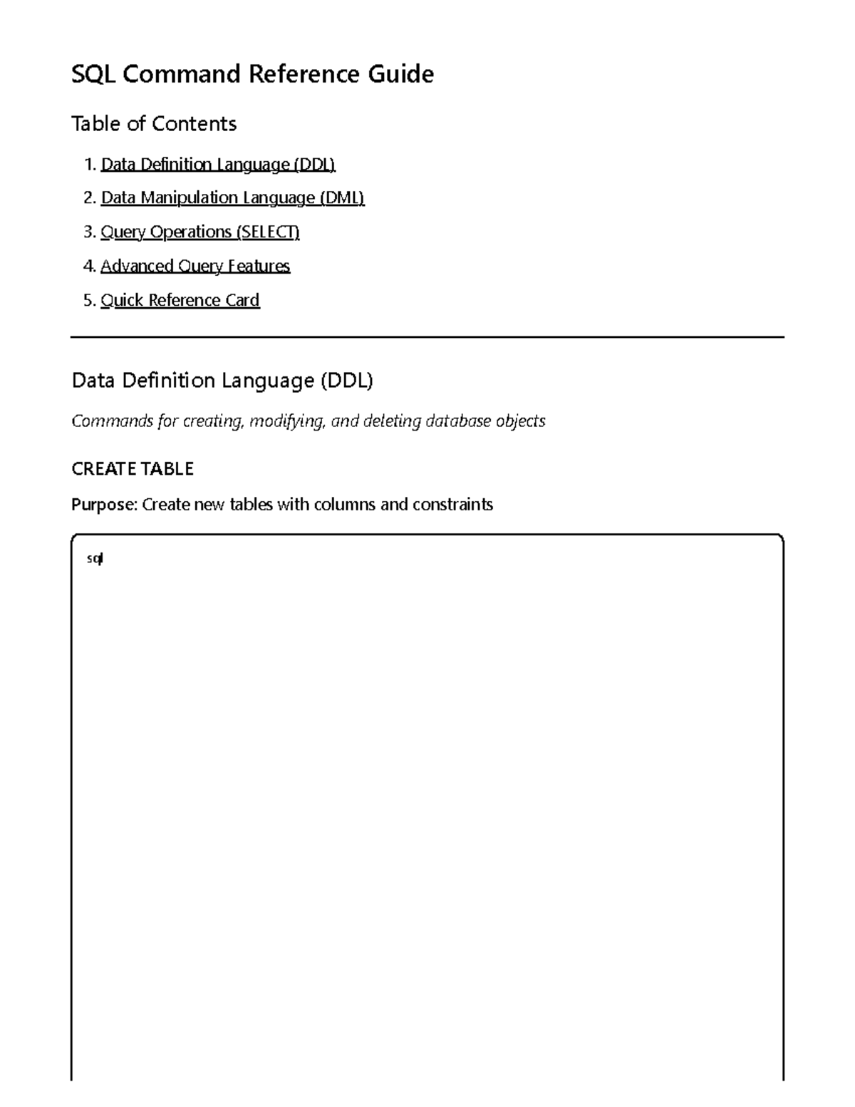 SQL Command Reference Guide: DDL, DML, and Query Operations - Studocu