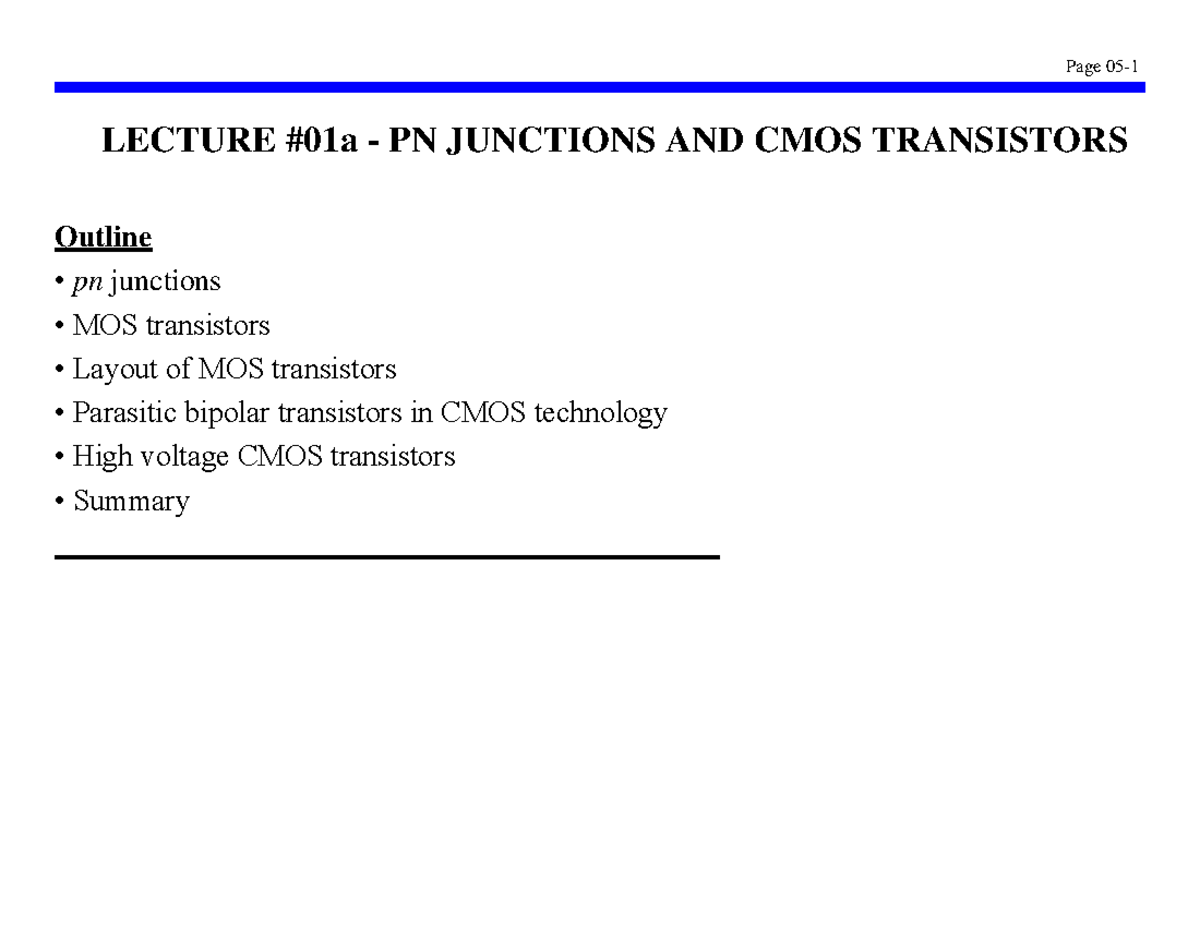 LECT 01: Overview of PN Junctions and CMOS Transistors - Studocu