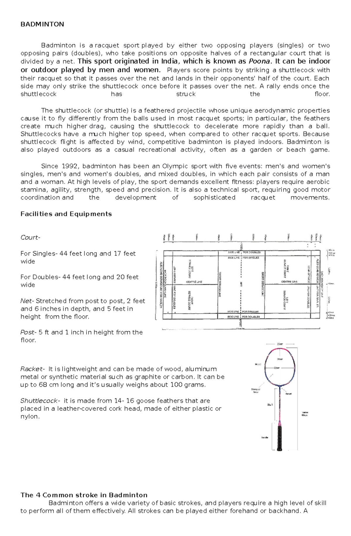 Badminton-PE03 - for physical education - BADMINTON Badminton is a ...