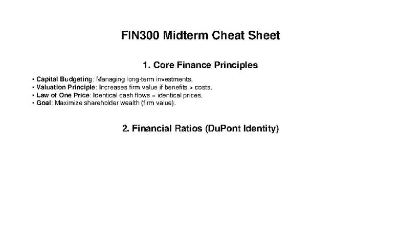 FIN300 Midterm Cheat Sheet: Key Finance Concepts & Formulas - Studocu