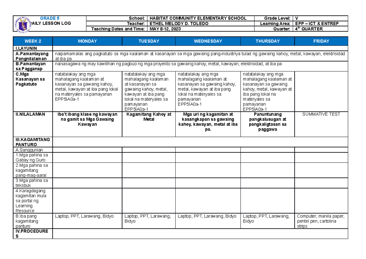 EPP 5 IA DLL WEEK 2 Final Lesson Plan - G5 EPP - ICT & ENTREP - Studocu