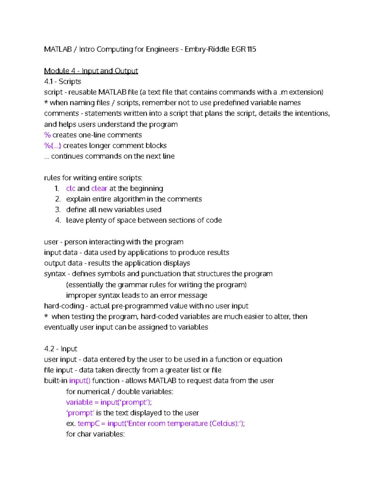ERAU EGR 115 Matlab Library Functions Notes - MATLAB / Intro Computing ...
