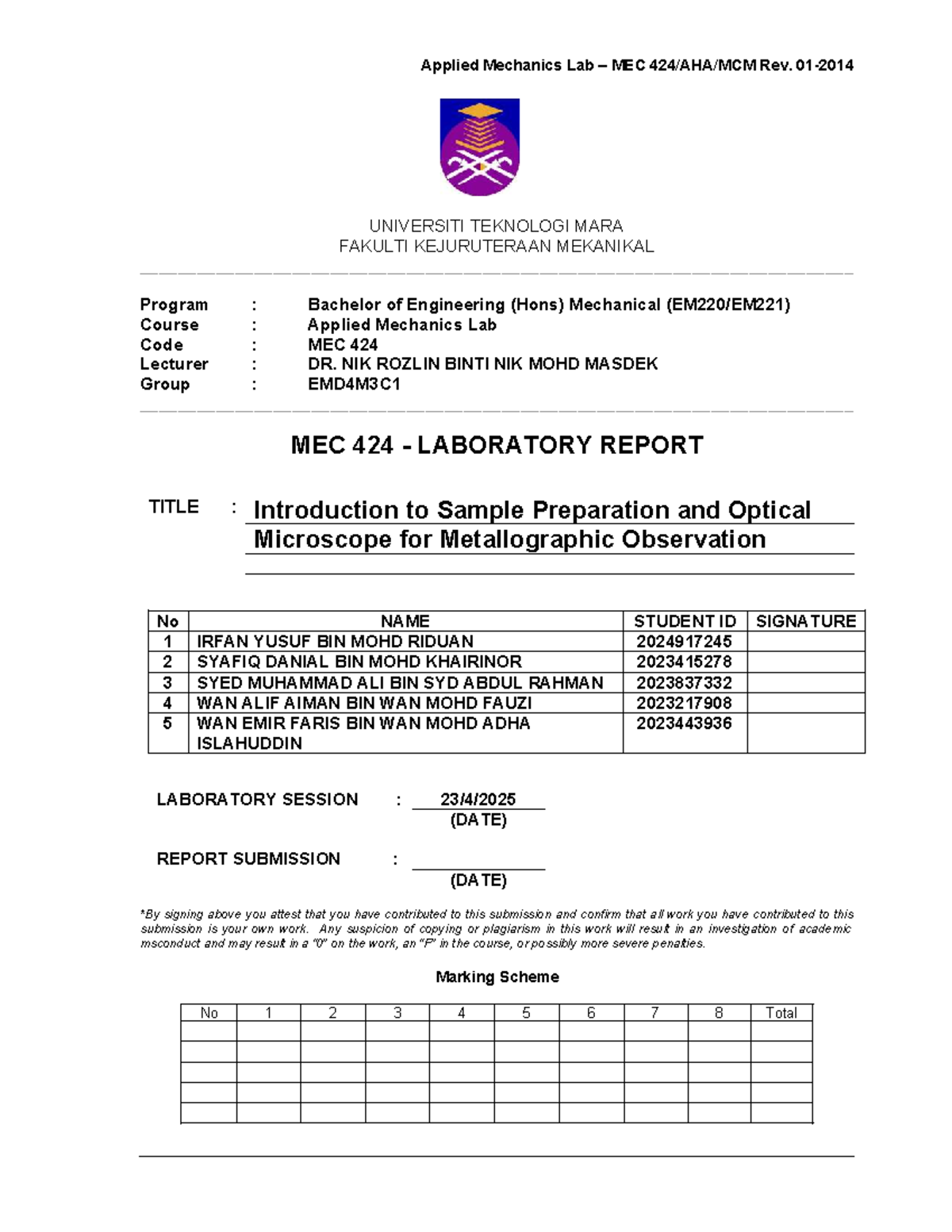 Applied Mechanics Lab Report MEC 424: Sample Prep & Optical Microscopy ...