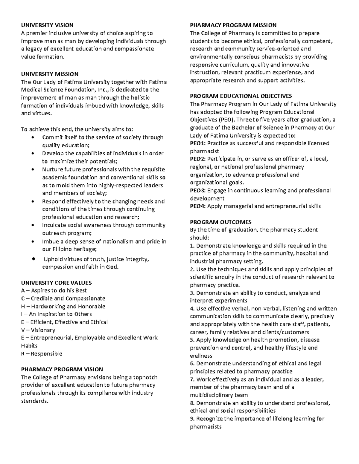 VISION, MISSION AND CORE VALUES OF OLFU AND COP - UNIVERSITY VISION A ...