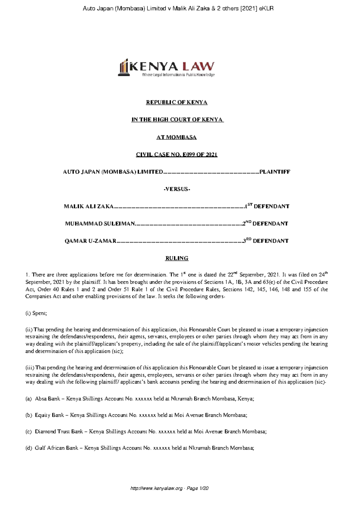 Auto Japan (Mombasa) Ltd v Malik Ali Zaka & Others: Civil Case E099 ...