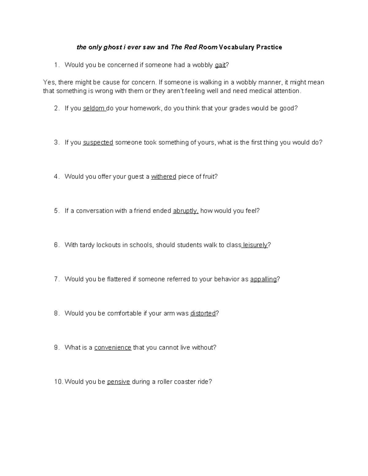 Pre-Reading Vocabulary Activity: Ghost and Red Room Practice - Studocu