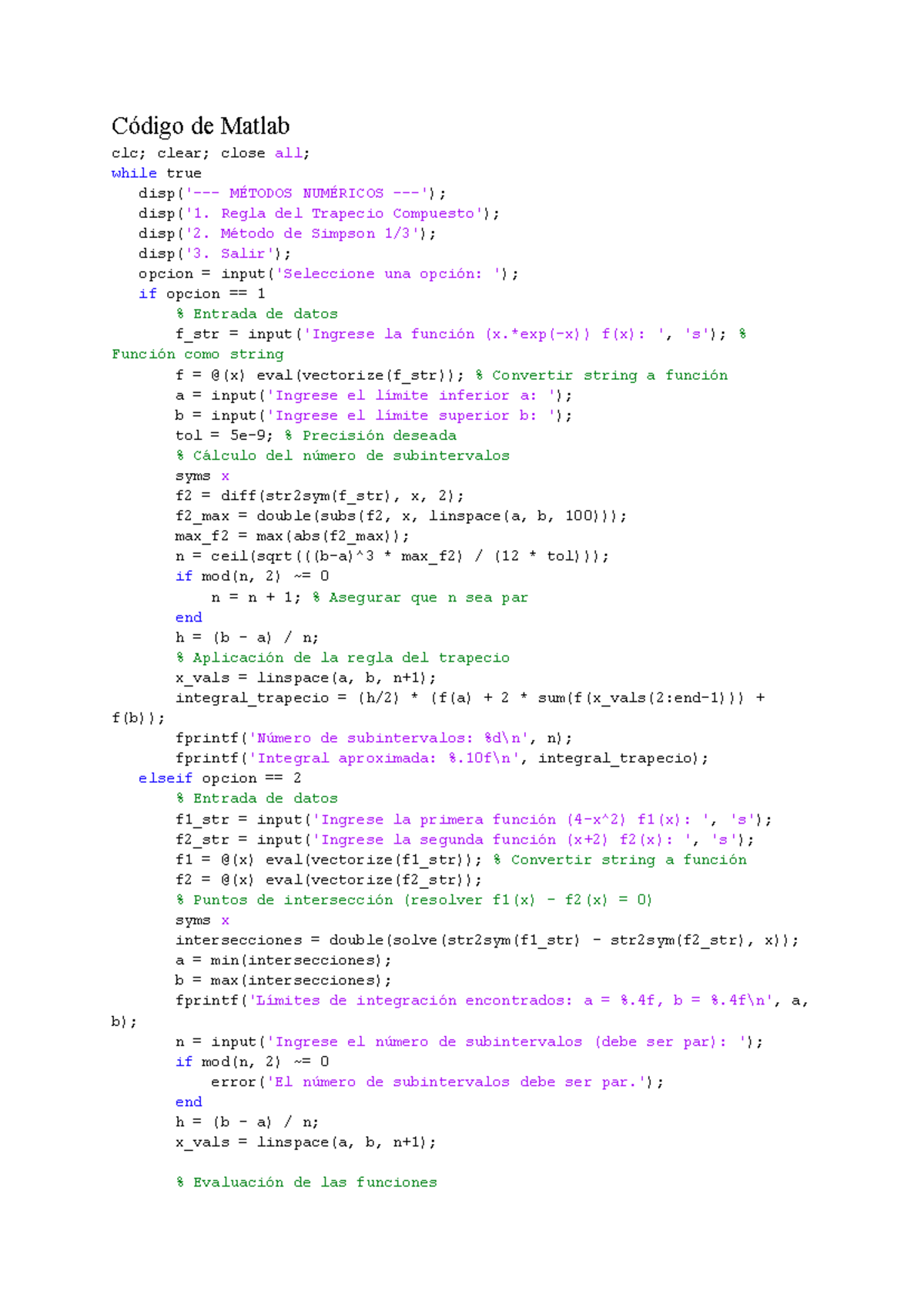 Programación Método del Trapecio en Matlab - Ejercicio Numérico - Studocu