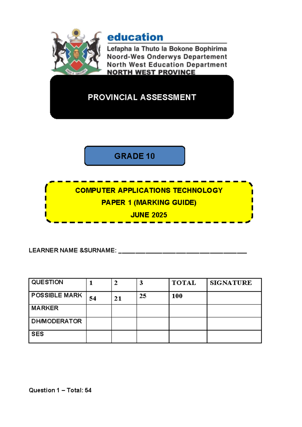 CAT Grade 10 Paper 1 June 2025 Marking Guide and Memo - Studocu