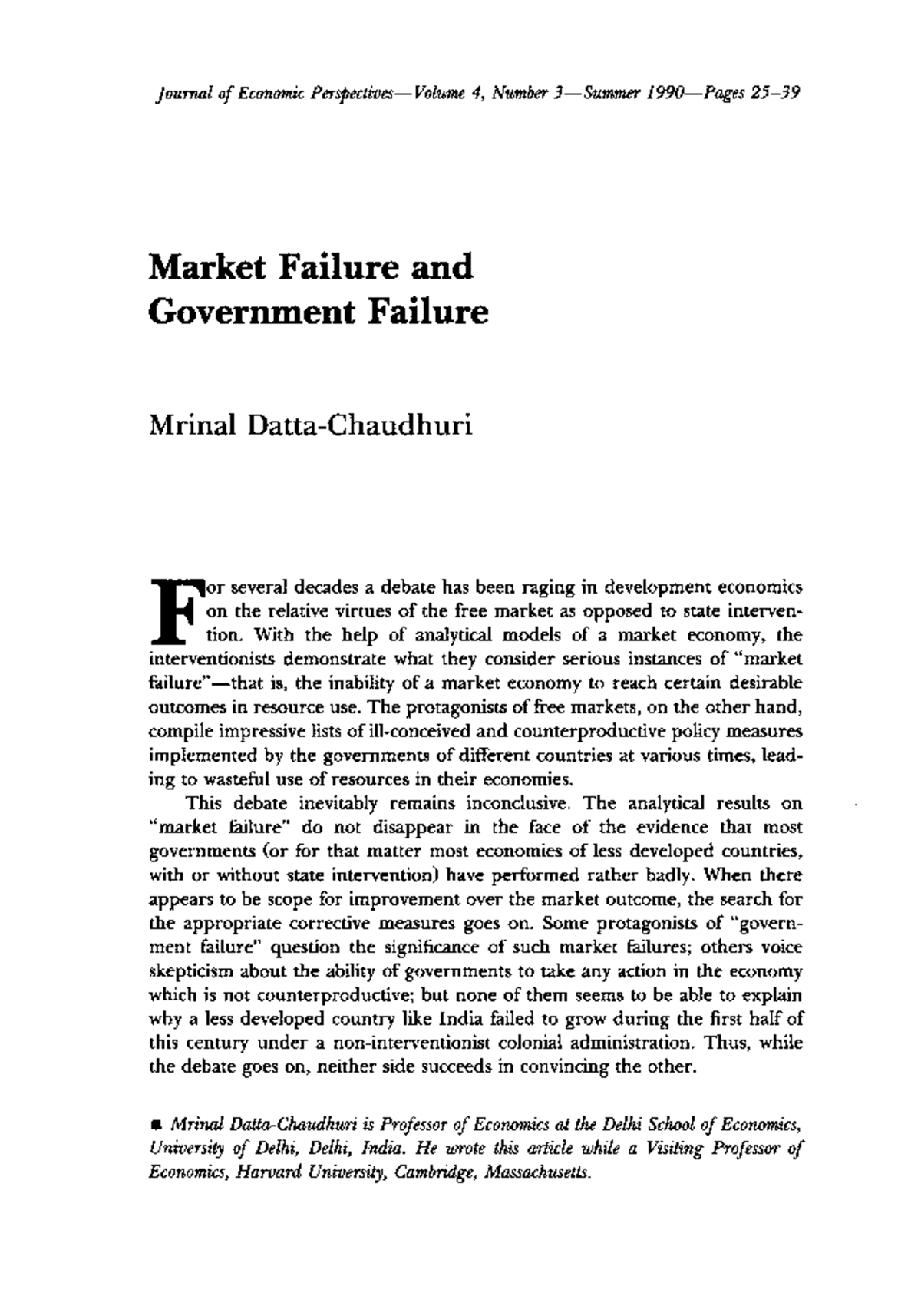 Unit 2 Reading 1 - Datta-Chaudhuri, M. (1990) Market & Gov. Failure in ...