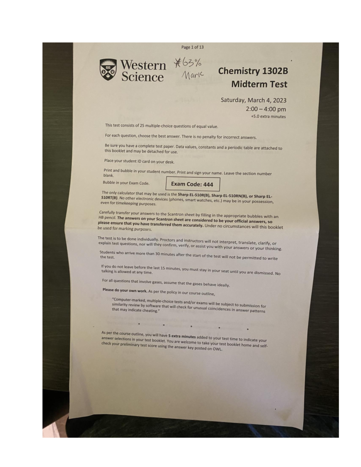 Chemistry 1302B Science Midterm Test - March 4, 2023 - Studocu