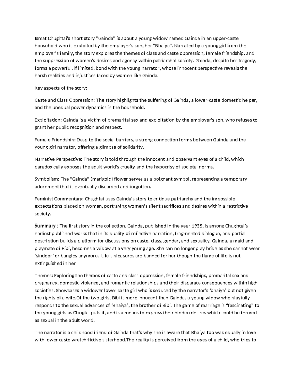 Short Story Summary: Gainda - Caste, Class, and Female Agency - Studocu