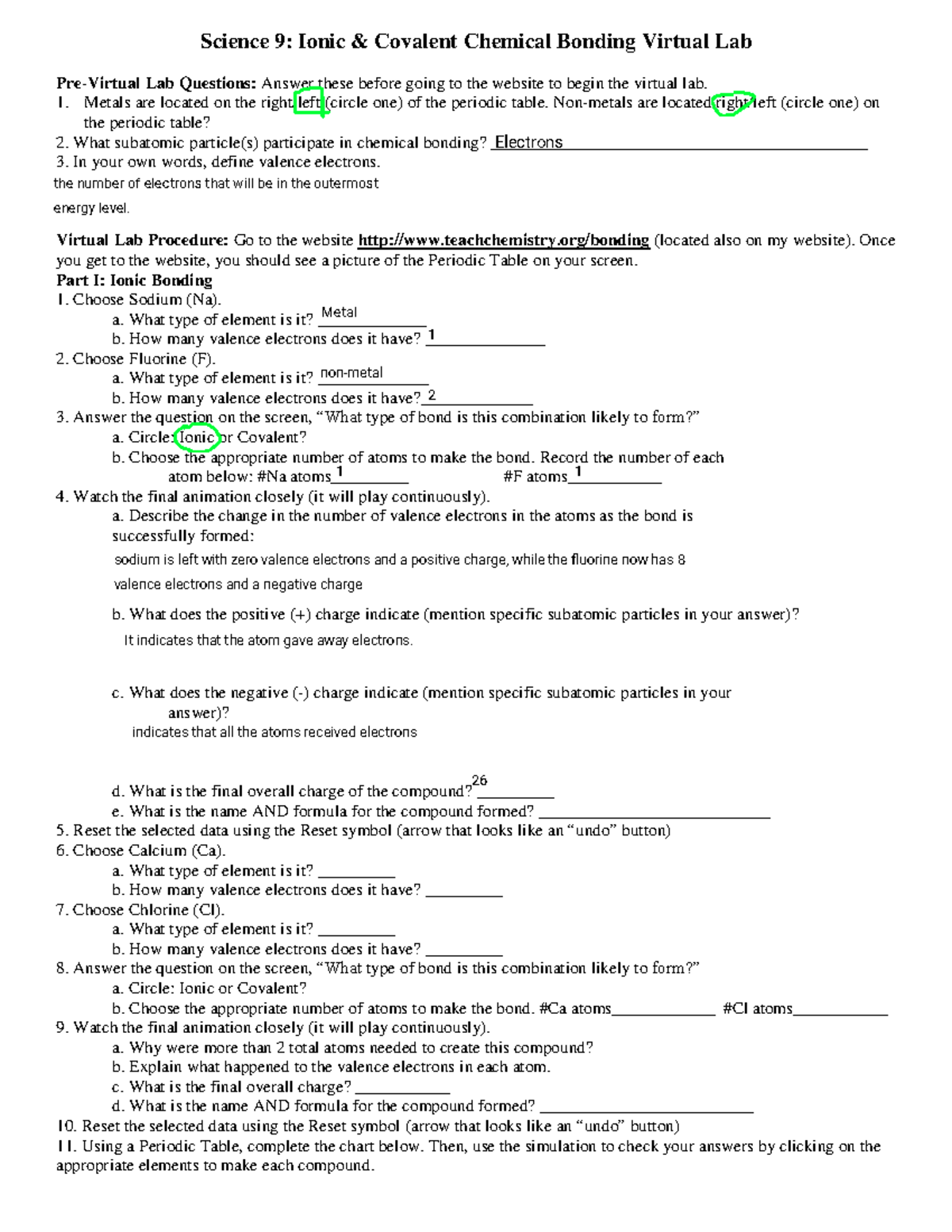 Science 9: Ionic & Covalent Bonding Worksheet for Virtual Lab - Studocu