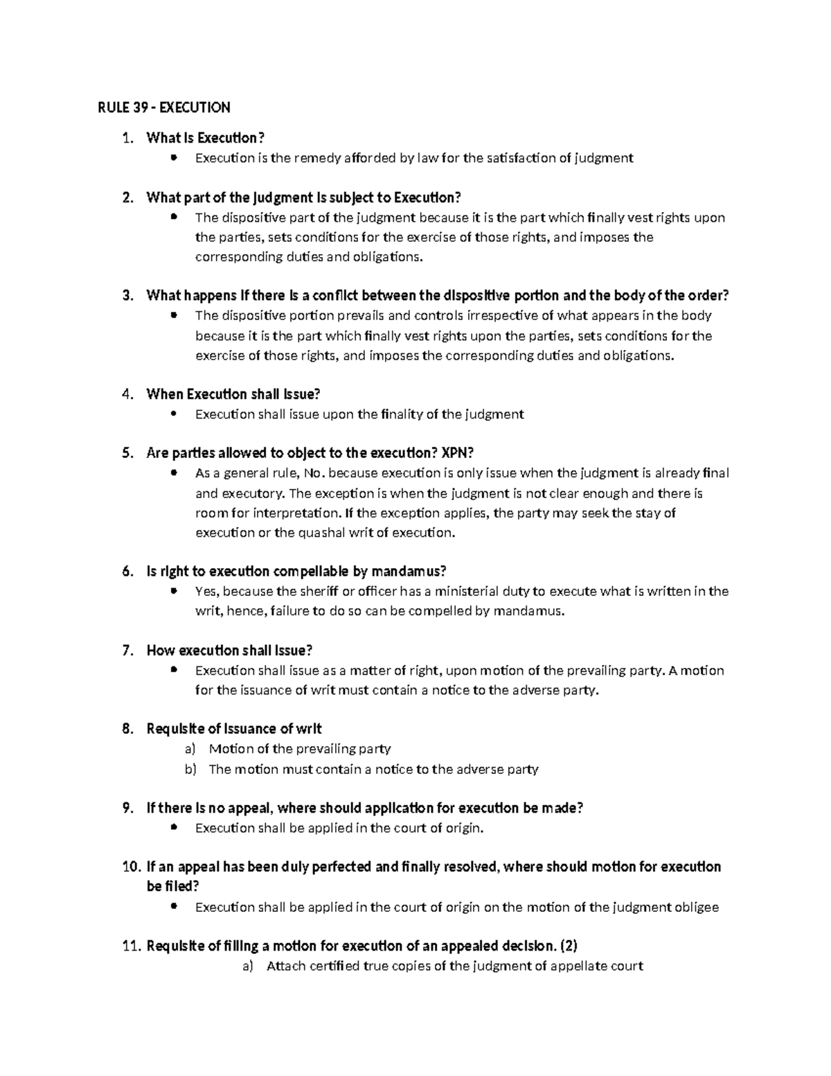 Rule 39: Execution Q&A Notes on Legal Procedures and Guidelines - Studocu