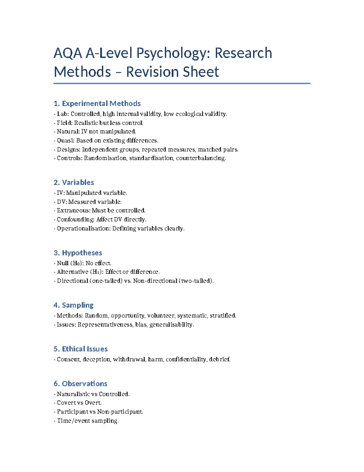 AQA Psychology: Research Methods Revision Notes for Exams - Studocu
