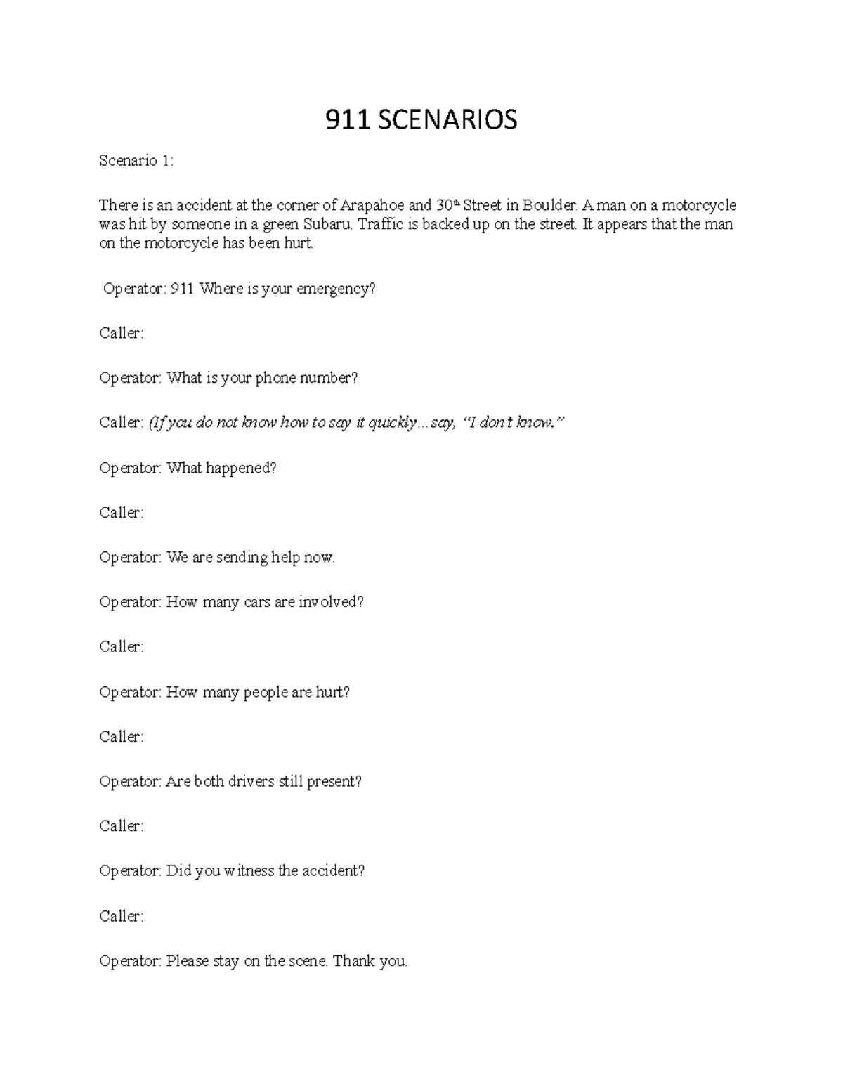 911 Emergency Scenarios for High School Role Play Activities - Studocu