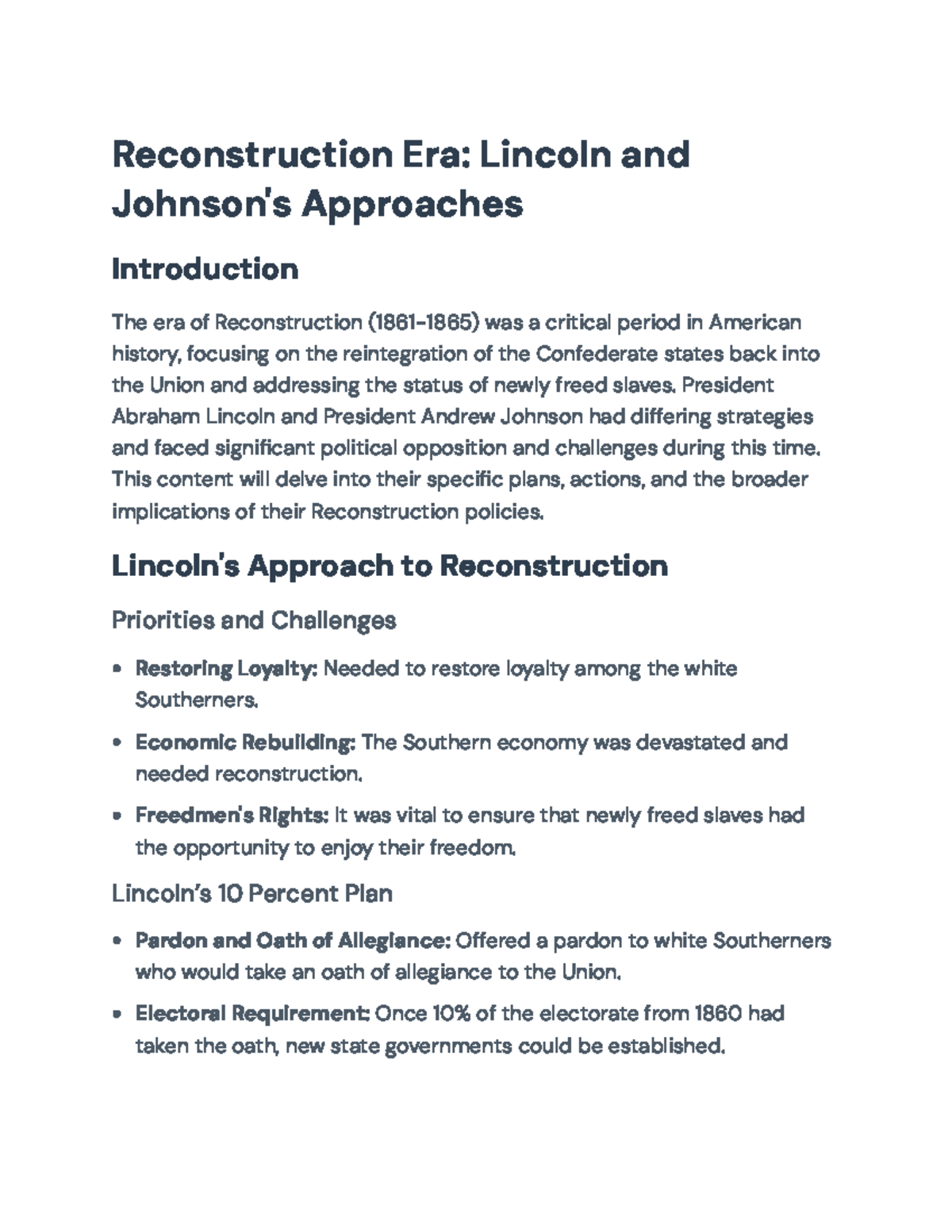 Reconstruction Era: Contrasting Approaches of Lincoln & Johnson ...