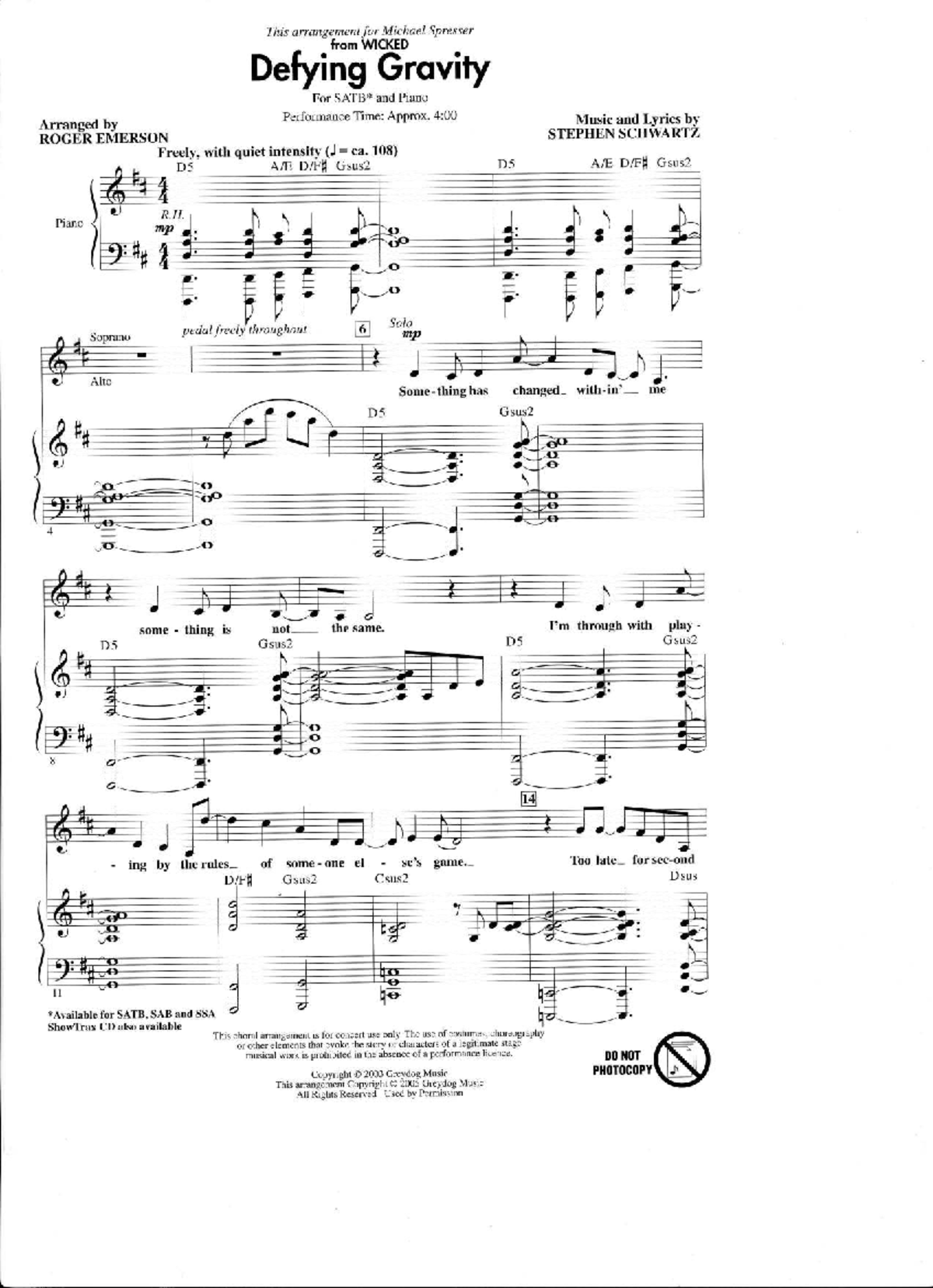 Defying Gravity Arrangement for SATB Choir - WICKED Performance - Studocu