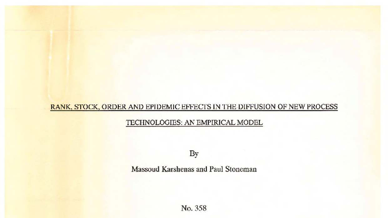 Empirical Model of Technology Diffusion: RANK, STOCK, ORDER Effects in ...