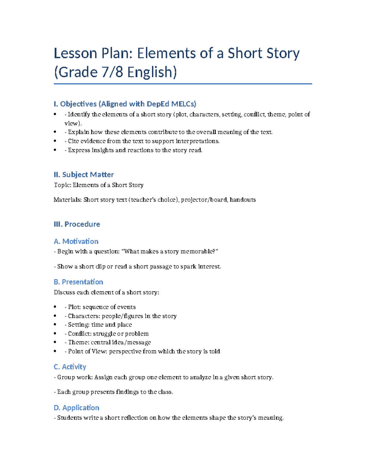 Grade 7-8 Lesson Plan: Understanding Short Story Elements - Studocu