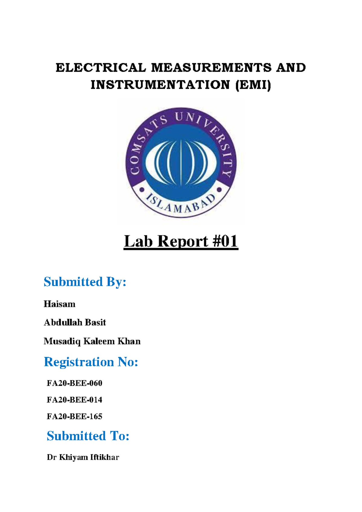 EMI LAB Report 1 - emi - ELECTRICAL MEASUREMENTS AND INSTRUMENTATION ...