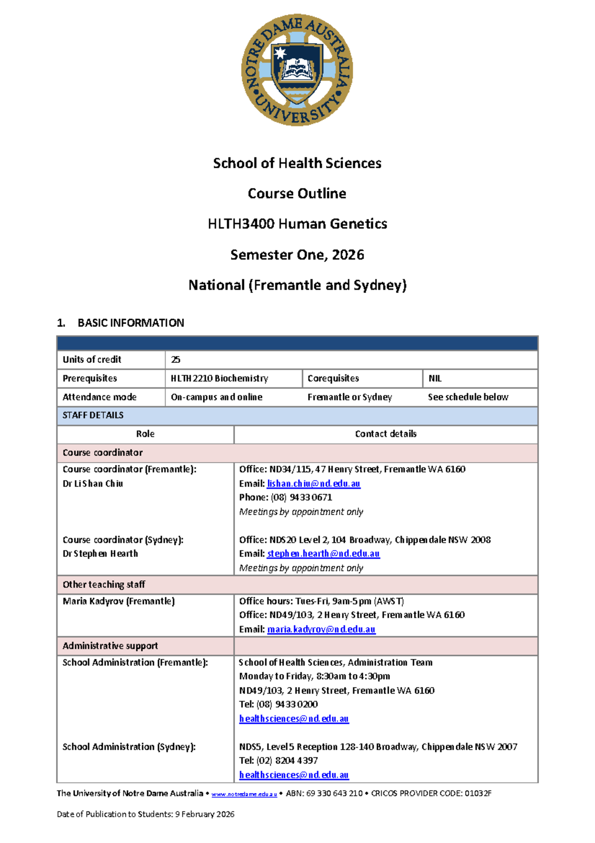 HLTH3400 Course Outline: Human Genetics Semester 1, 2026 - Studocu