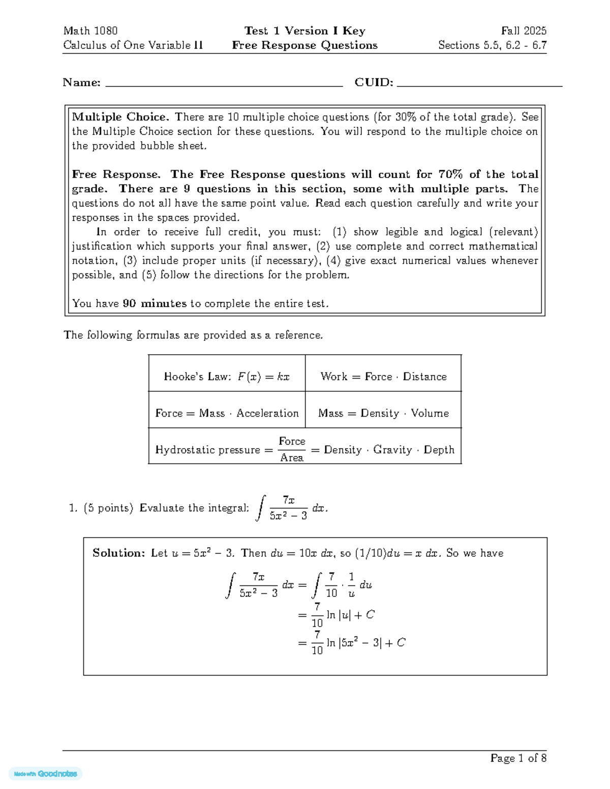 Math 1080 Calculus of One Variable II Test 1 Key - Fall 2025 - Studocu