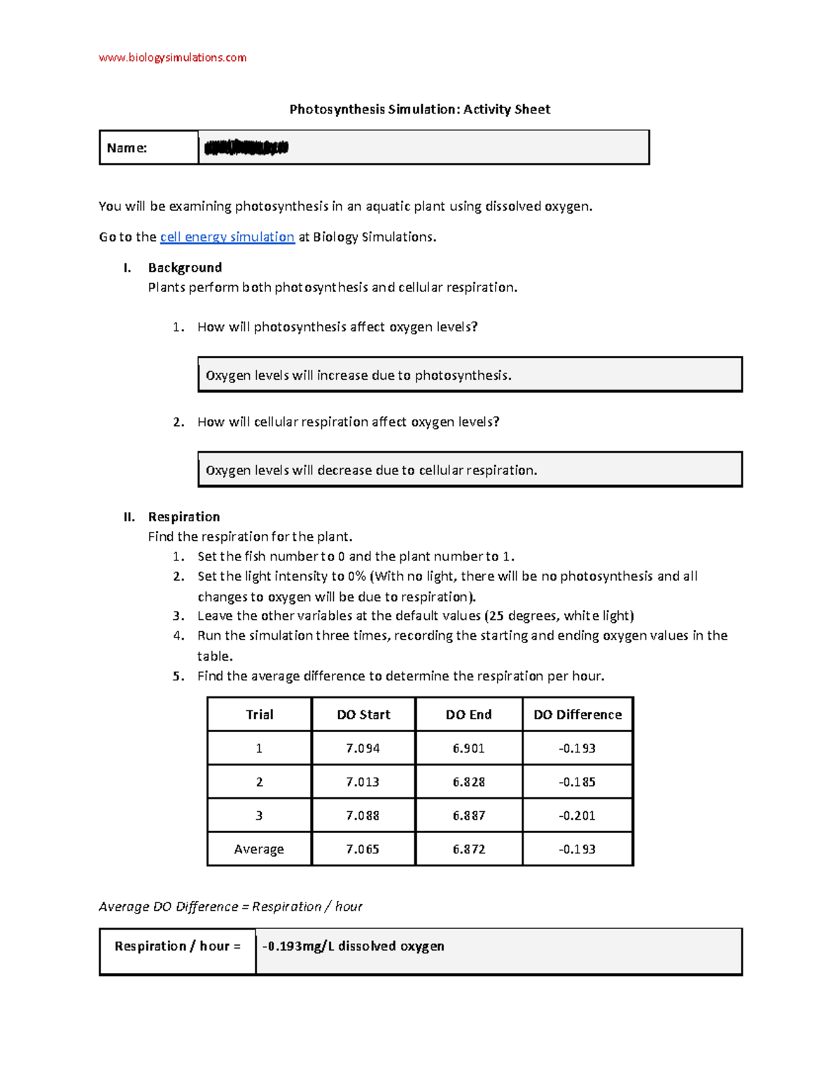Photosynthesis Simulation Activity Sheet (Bio 101) - Studocu
