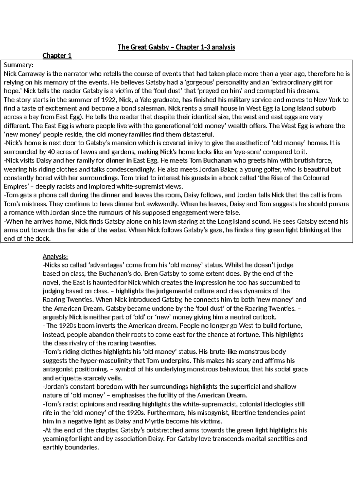 The Great Gatsby - Chapter 1-3 Analysis and Key Quotes Study Guide ...