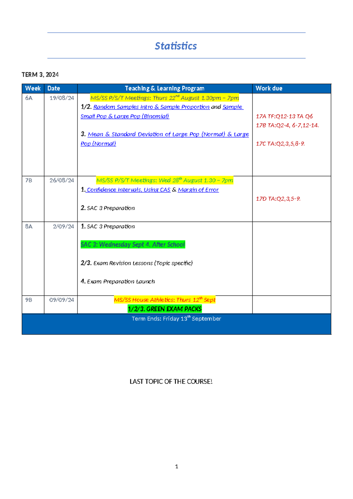 Statistics Notes 2024: Term 3 Teaching & Learning Program - Studocu