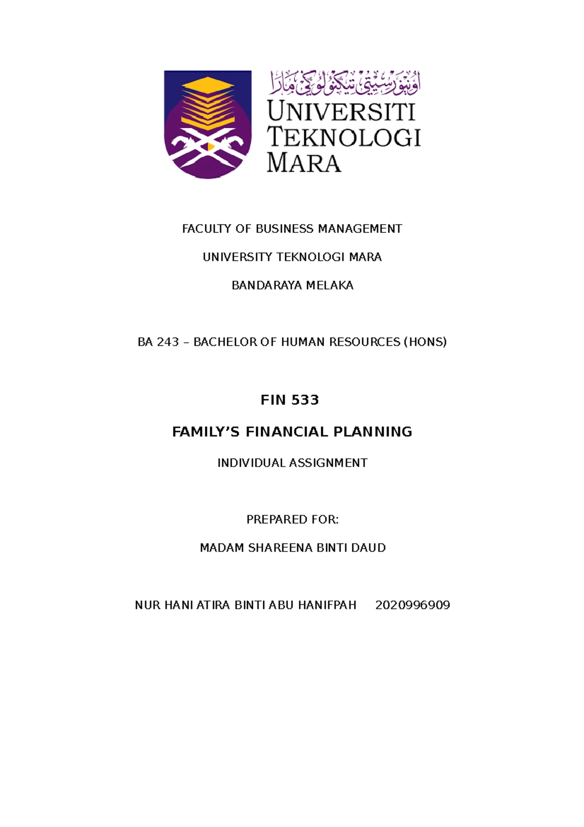 Individual Assignment - PERSONAL FINANCIAL PLANNING FIN 533 INDIVIDUAL ...