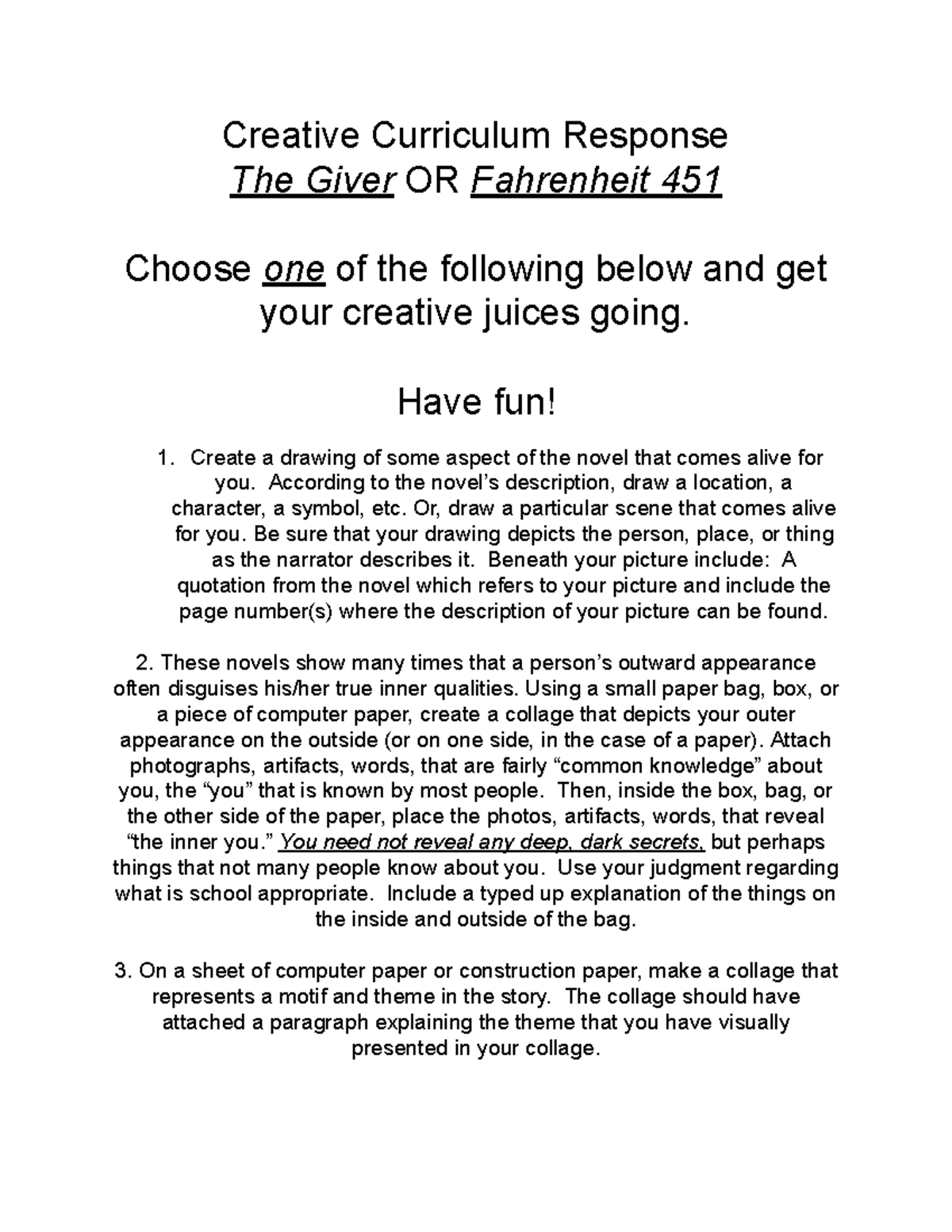 Q2 Creative Curriculum Response: Exploring Themes in The Giver ...