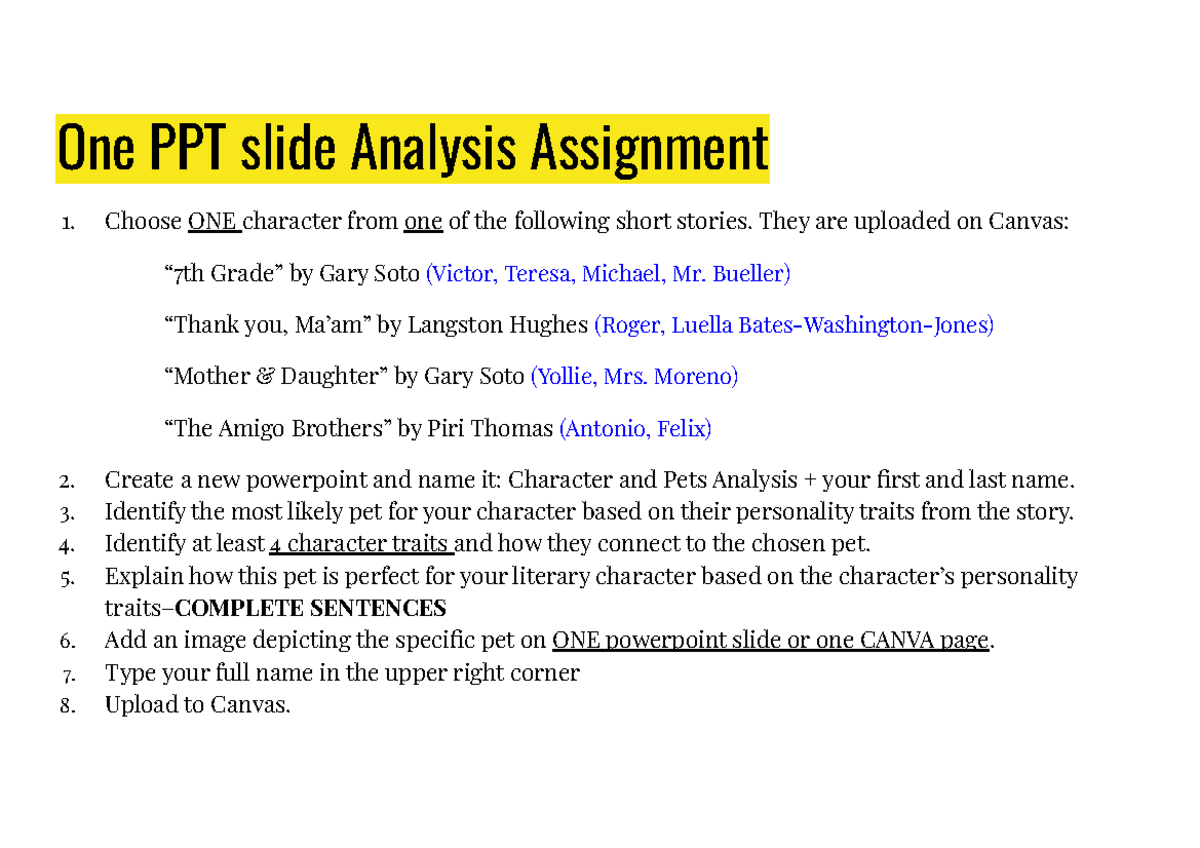 Characters & Their Pets Analysis Assignment (pdf) - One PPT slide ...