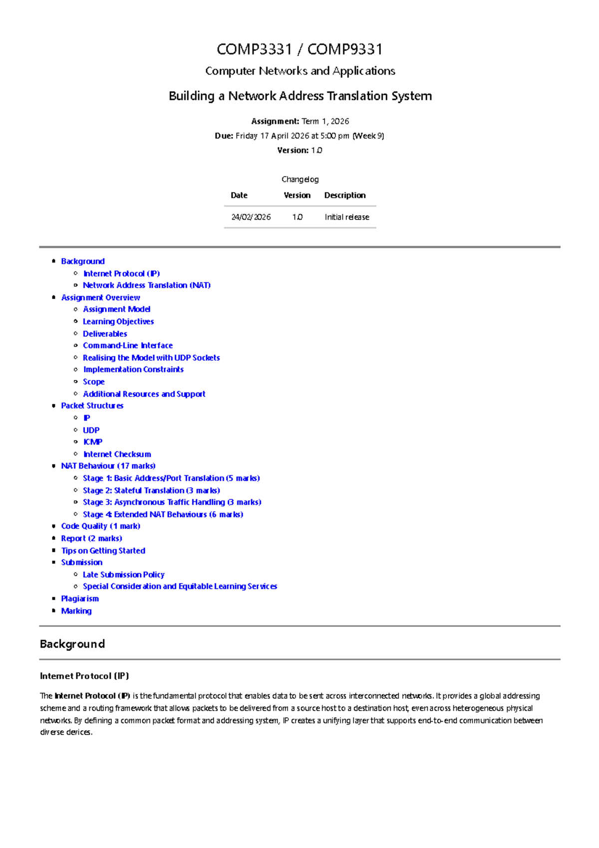 COMP9331 Assignment Specification: NAT System Development 26T1 - Studocu