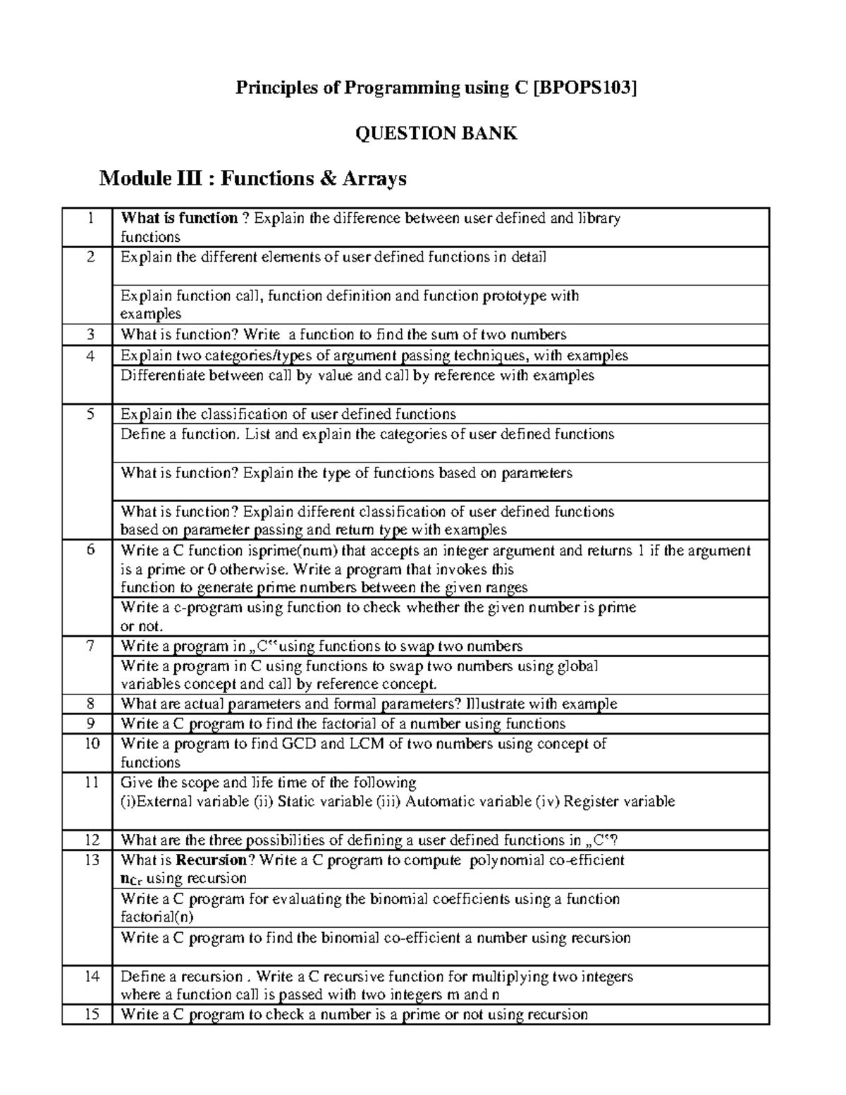 Bpops 103 module 3 qb - Principles of Programming using C [BPOPS10 3 ] QUESTION BANK Module III ...