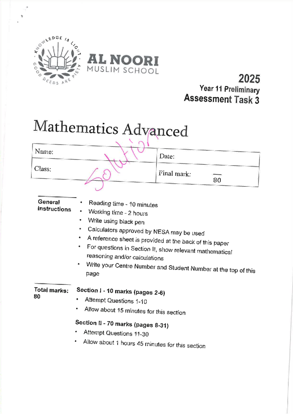 2025 Y11 ADV Mathematics Assessment Task 3 Solutions - Studocu