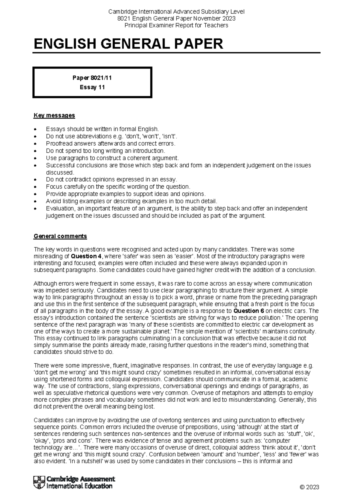Cambridge International AS Level 8021 English General Paper Nov 2023 ...