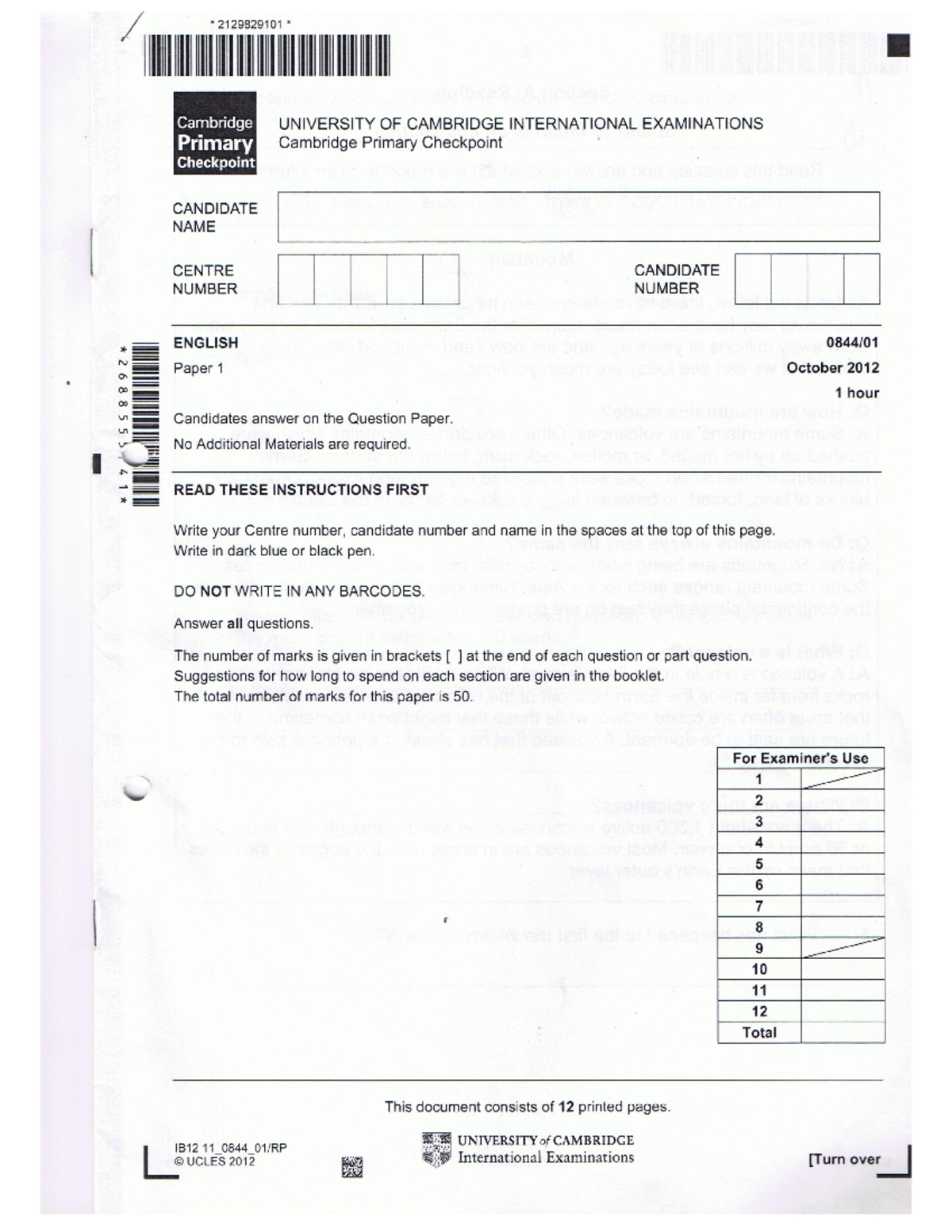 Primary Checkpoint English 0844 October 2012 Paper 1 - 2129829101 ...