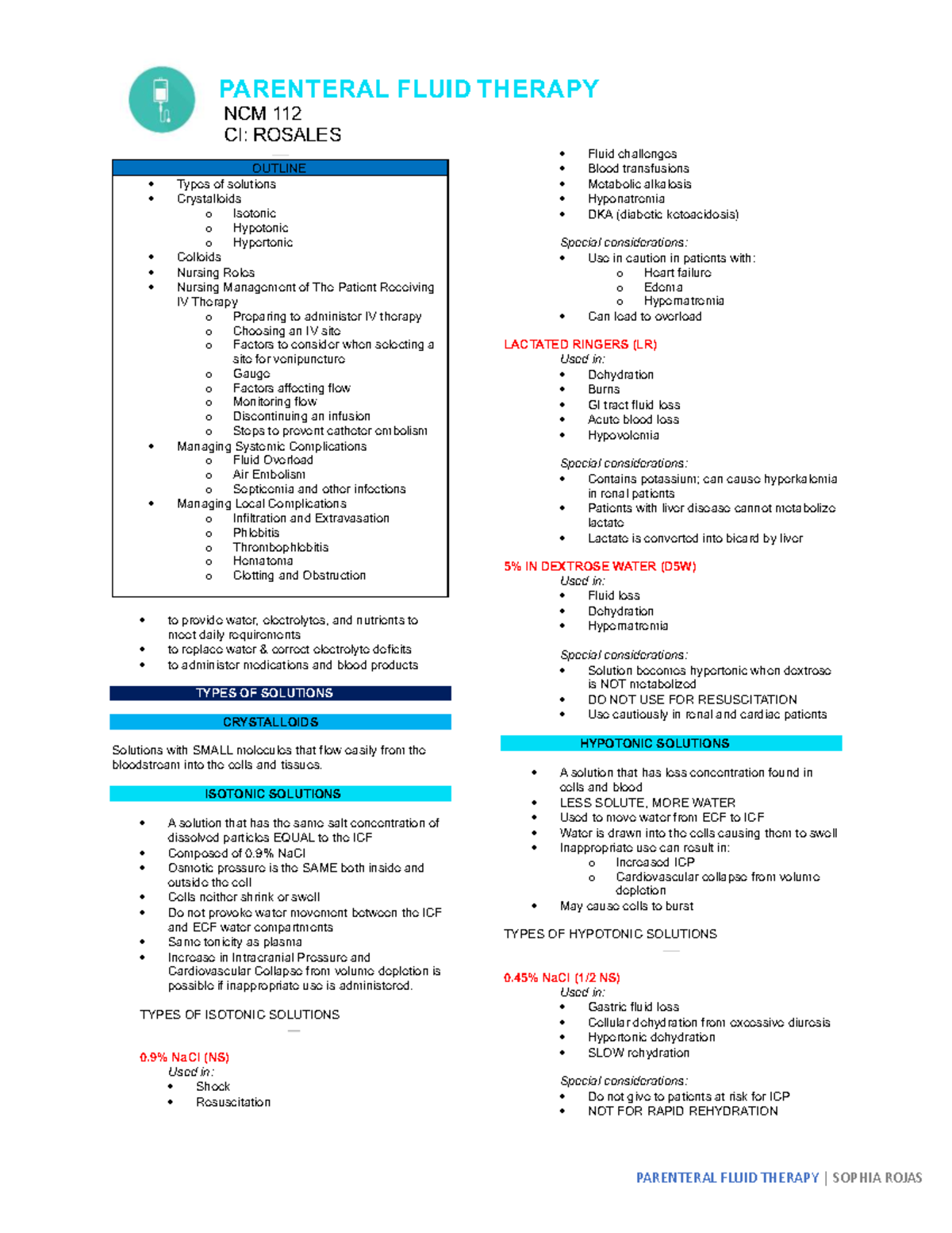 Parenteral Fluid Therapy Overview NCM 112 CI: Rosales - Studocu