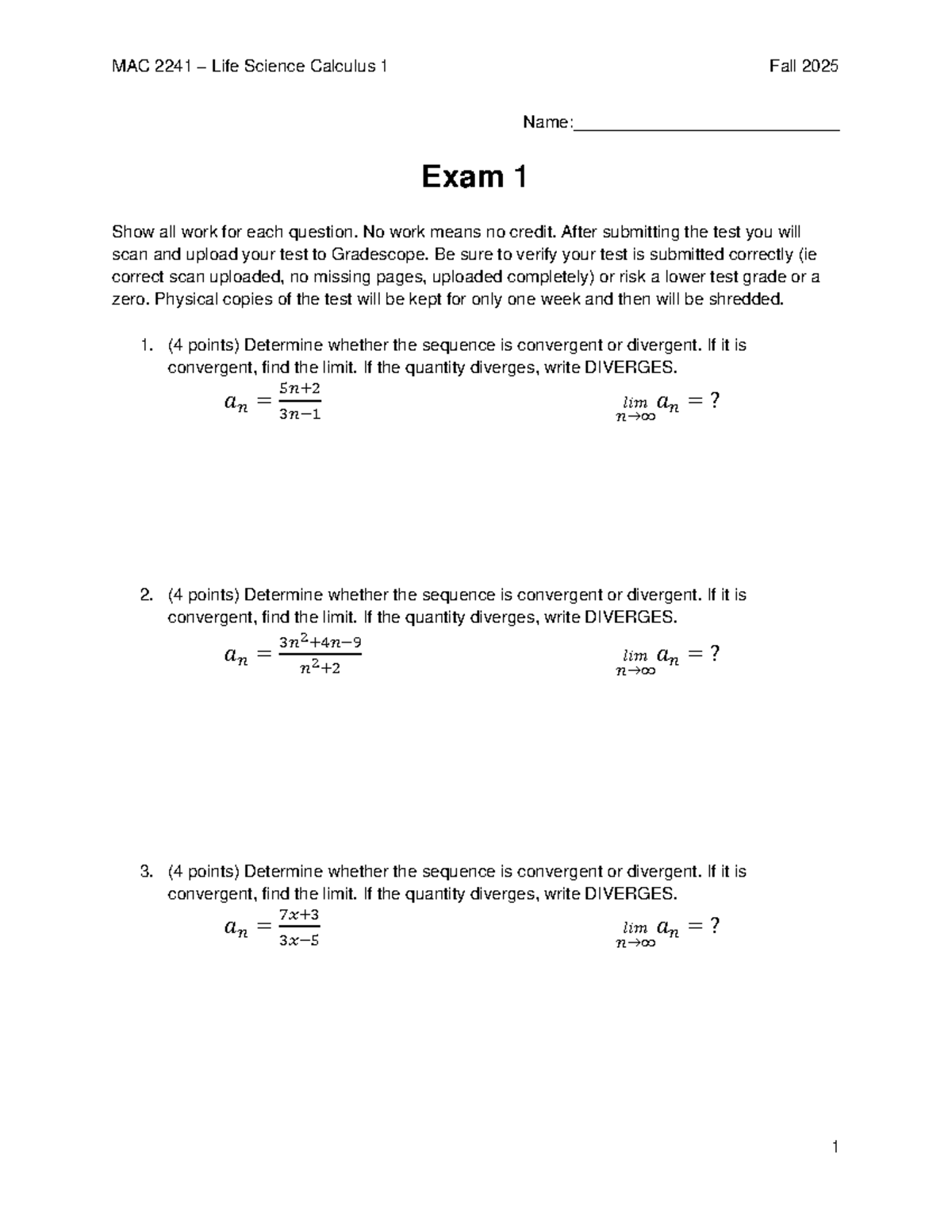 MAC 2241 Life Science Calculus 1 Fall 2025 Exam 1 Solutions - Studocu